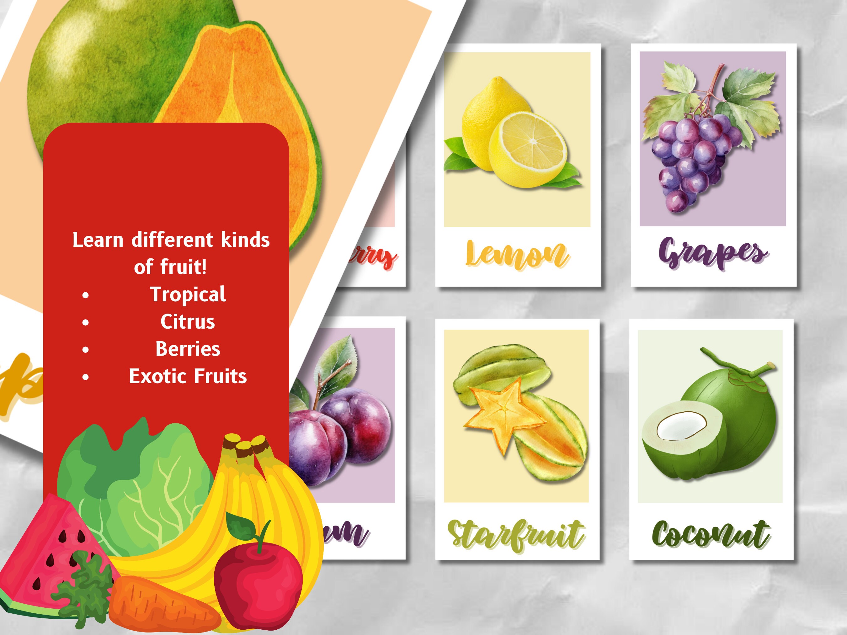 32 Fruit Cards for Toddlers, Printable Fruits Flashcards Watercolor ...