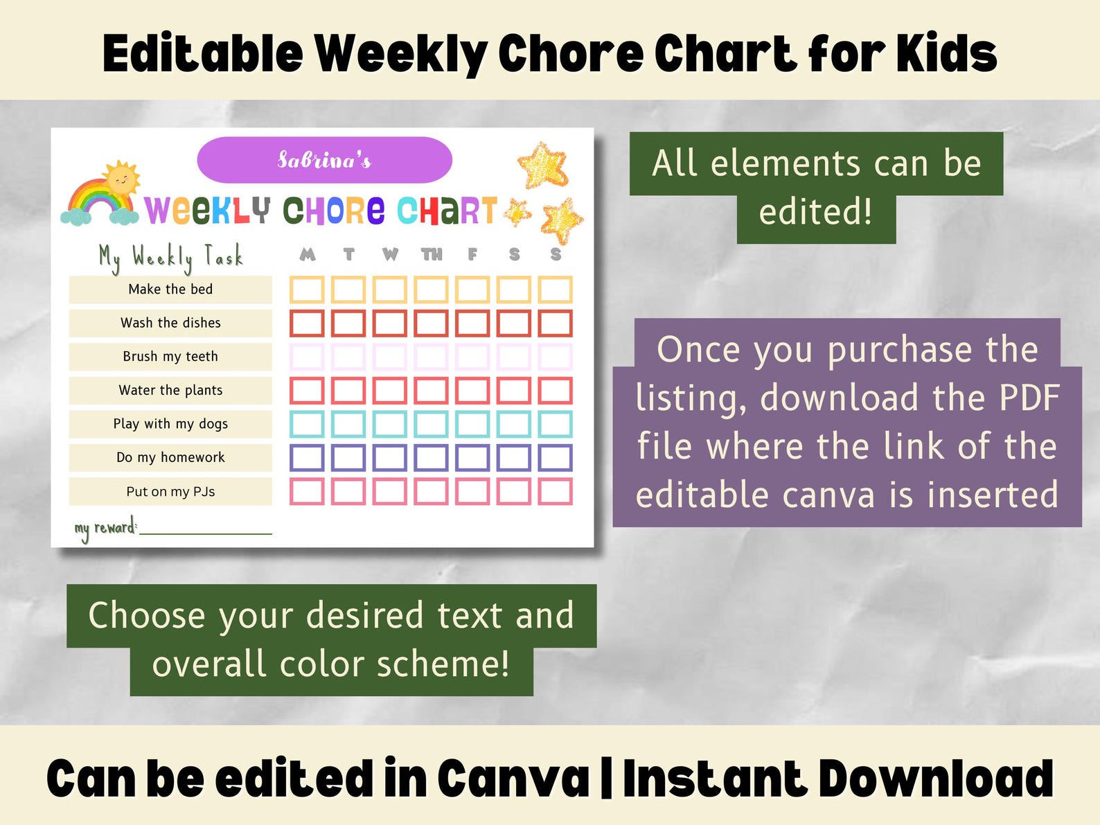 Editable Weekly Chore Chart for Kids Printable Instant Download Kids ...