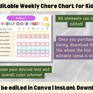 Editable Weekly Chore Chart for Kids Printable Instant Download Kids ...