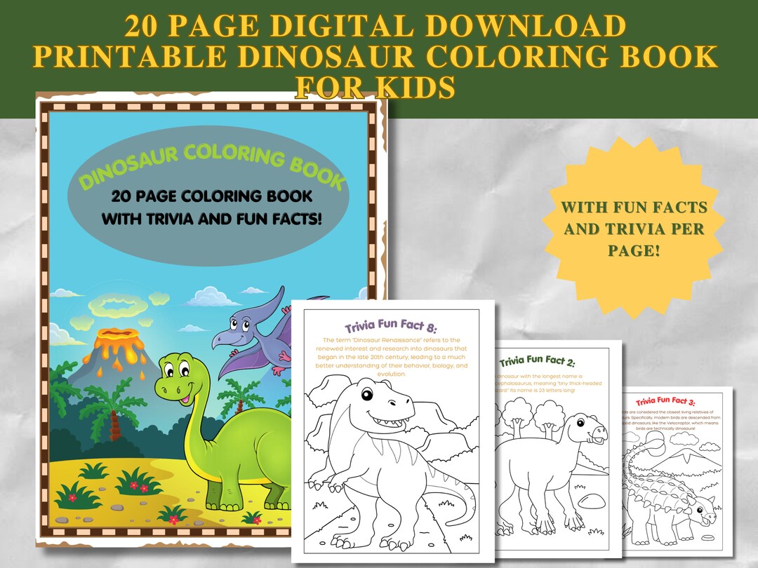 20 Dinosaur Coloring Sheets With Fun Trivias for Kids, Animal Coloring ...