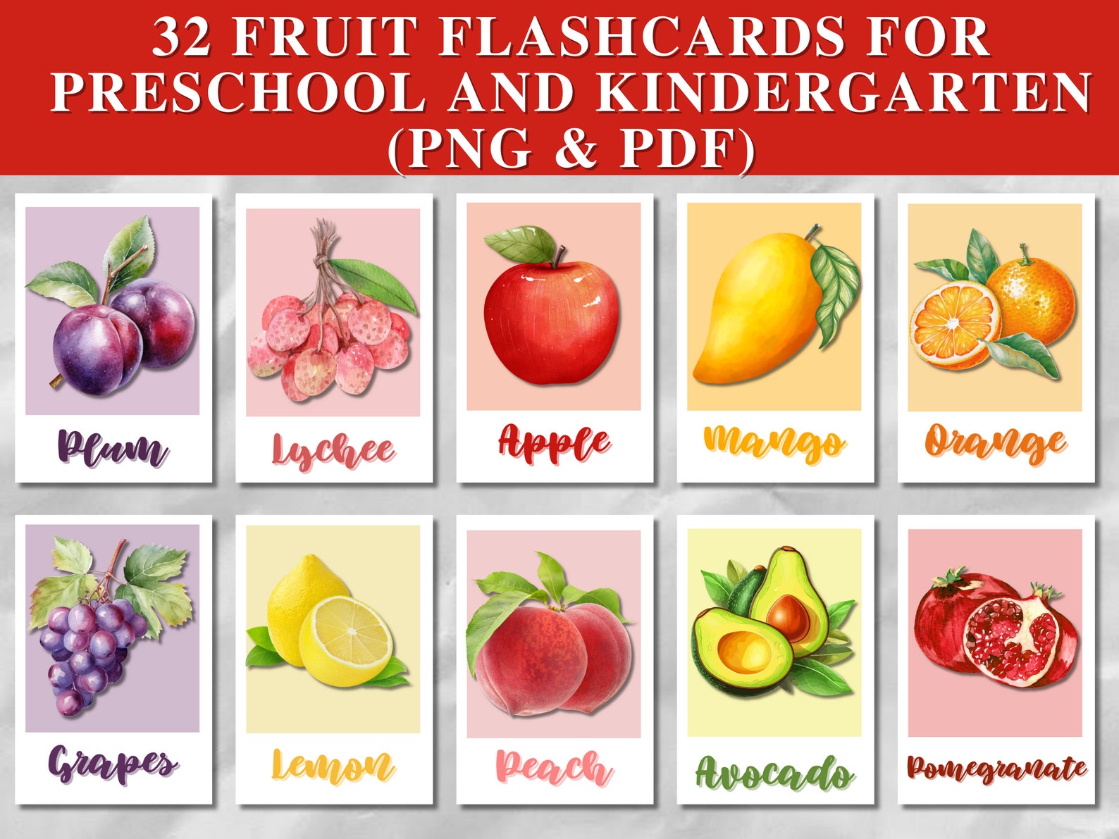 32 Fruit Cards for Toddlers, Printable Fruits Flashcards Watercolor ...