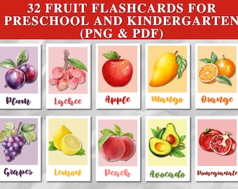 32 Fruit Cards for Toddlers, Printable Fruits Flashcards Watercolor ...