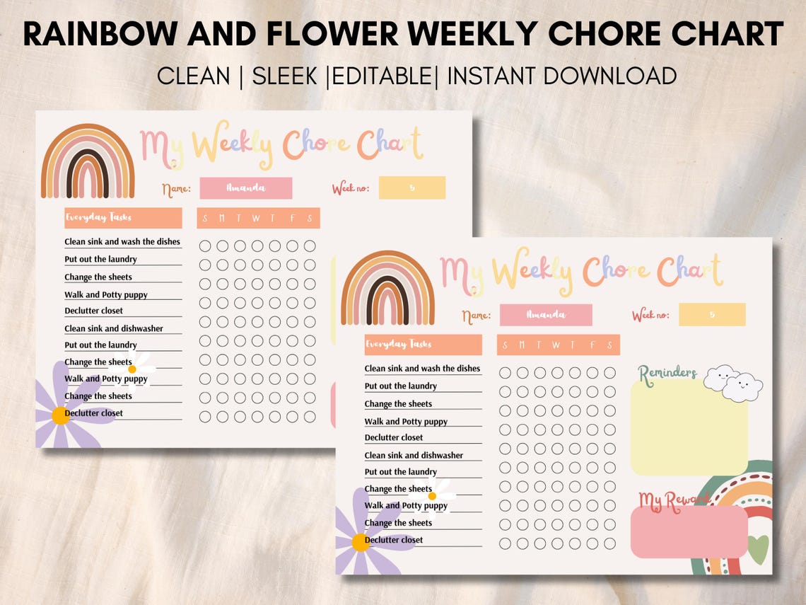 Rainbow and Flower Weekly Chore Chart for Kids Reward Chart Printable ...
