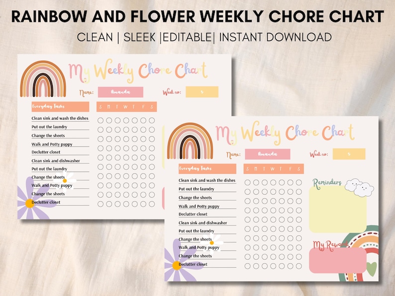Rainbow and Flower Weekly Chore Chart for Kids Reward Chart Printable ...