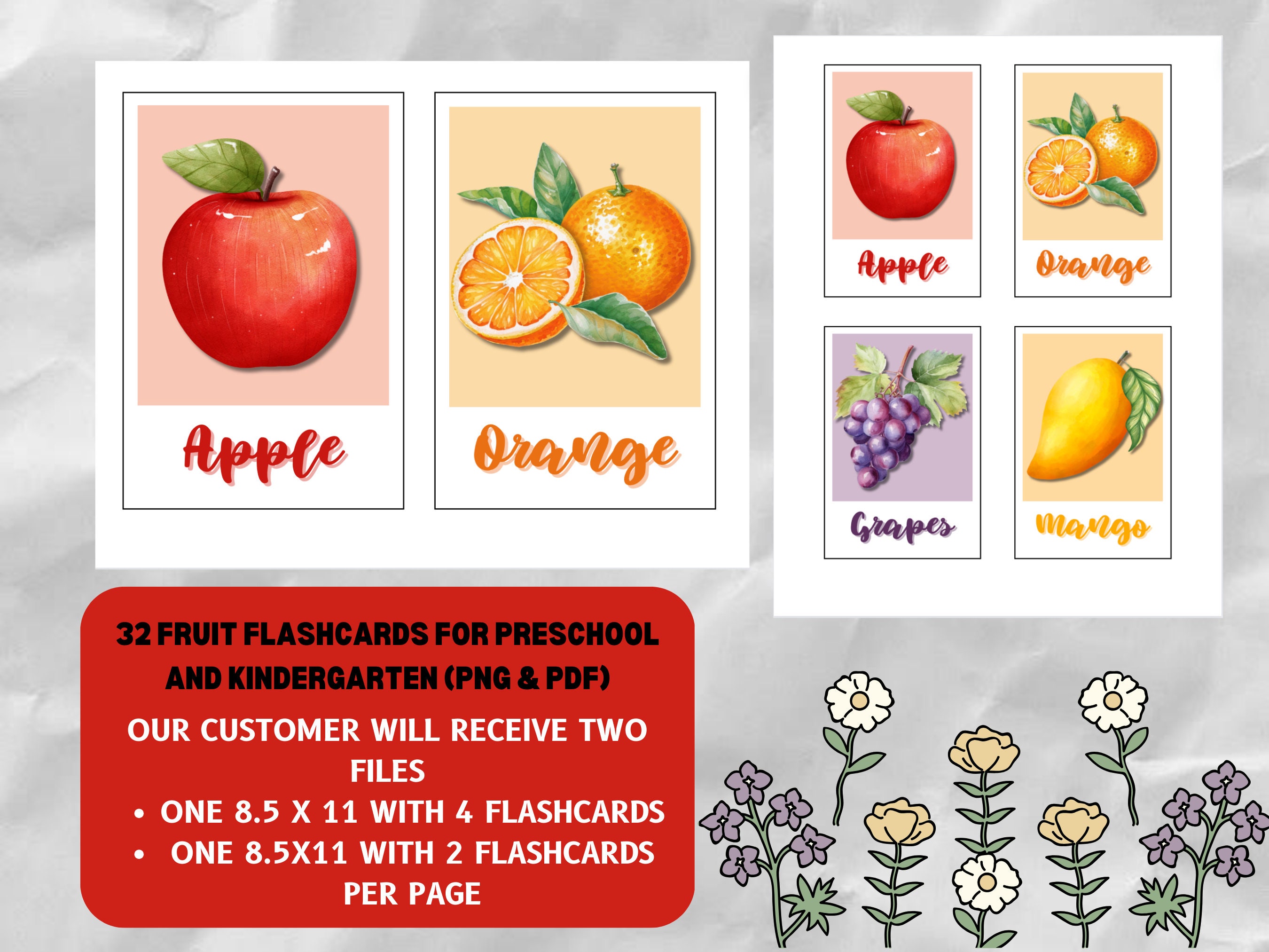 32 Fruit Cards for Toddlers, Printable Fruits Flashcards Watercolor ...