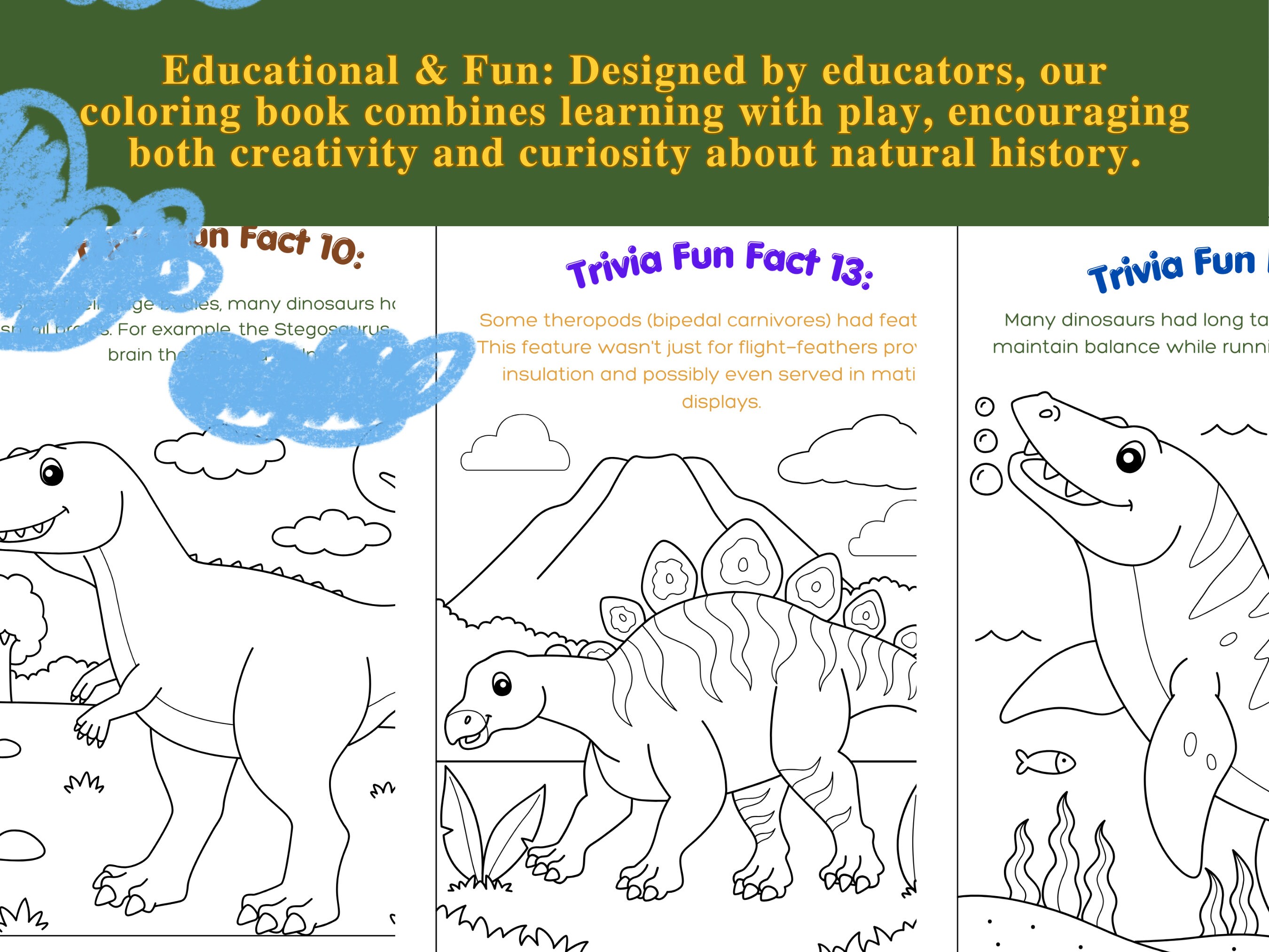 20 Dinosaur Coloring Sheets With Fun Trivias for Kids, Animal Coloring ...