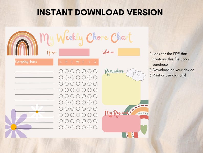 Rainbow and Flower Weekly Chore Chart for Kids Reward Chart Printable ...