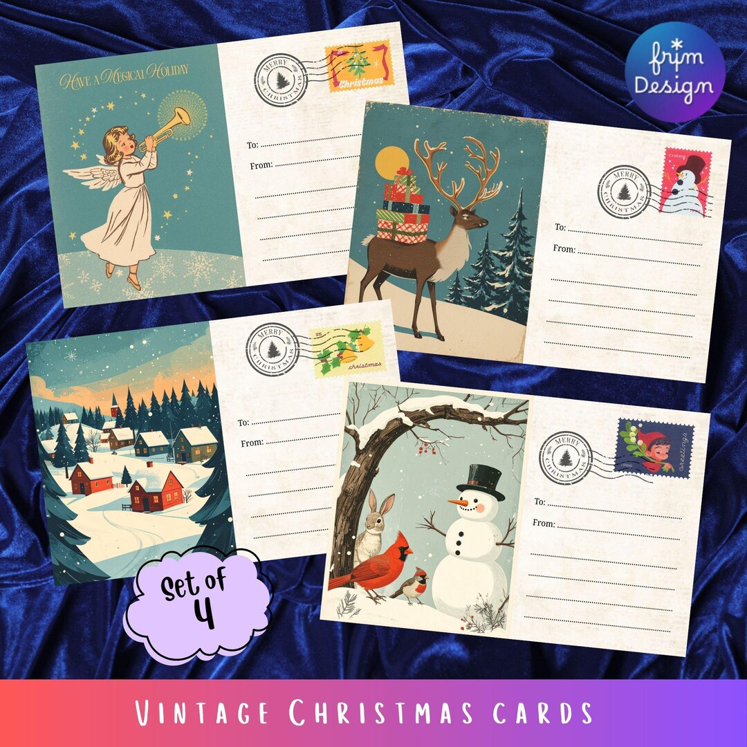 Vintage Christmas Cards Printable Set | Retro Holiday Postcards | Old ...