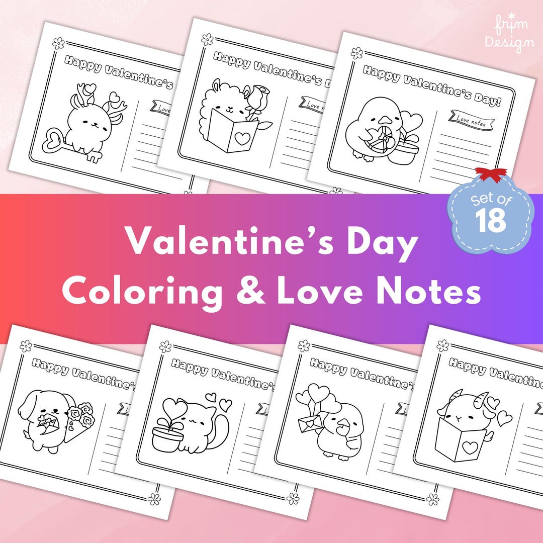 Printable Valentines Day Coloring & Love Notes Cute Animal Cards for ...