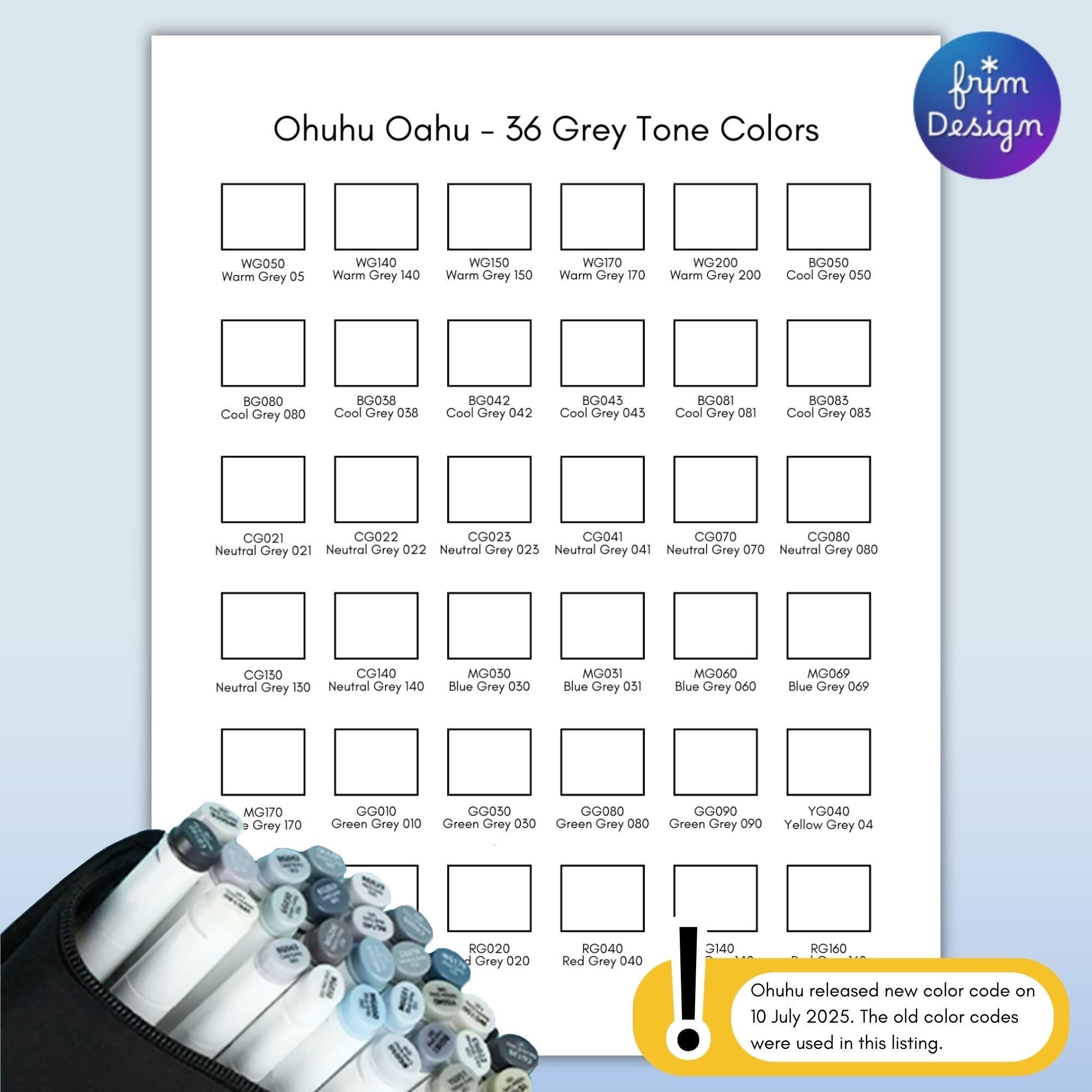 Ohuhu Oahu Gray Tones Swatch Chart – 36 Color Swatches With Code Names ...