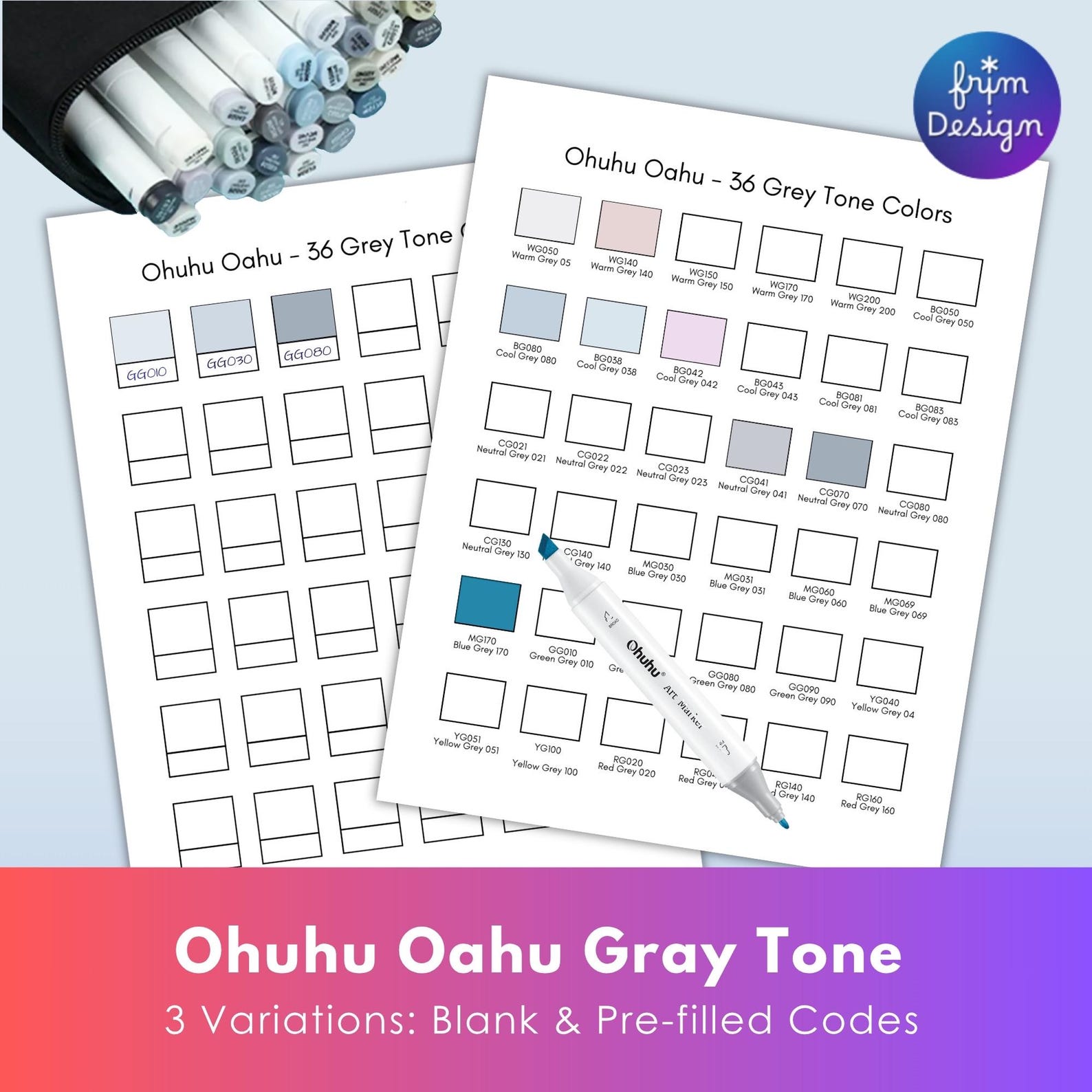 Ohuhu Oahu Gray Tones Swatch Chart – 36 Color Swatches With Code Names ...