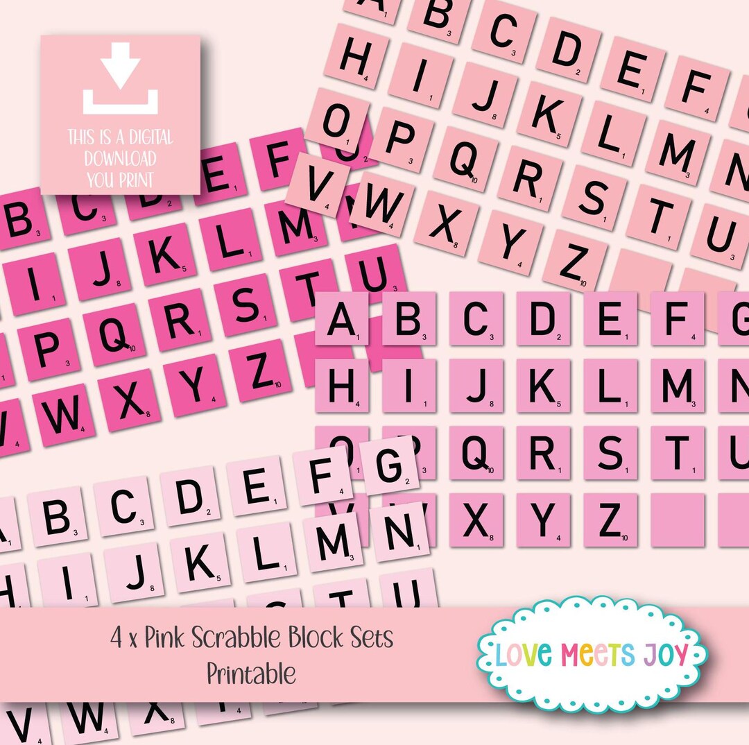 Printable Pink Scrabble Blocks, 4 Sets of Scrabble Blocks, Shades of ...