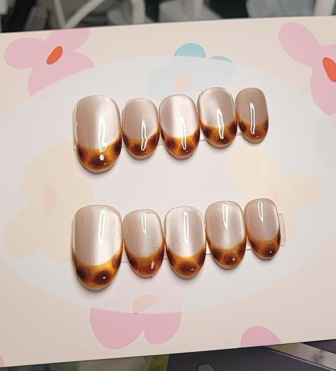 Cat Eye Tortoise Shell French Tip Press on Nails: Hand Painted Custom ...
