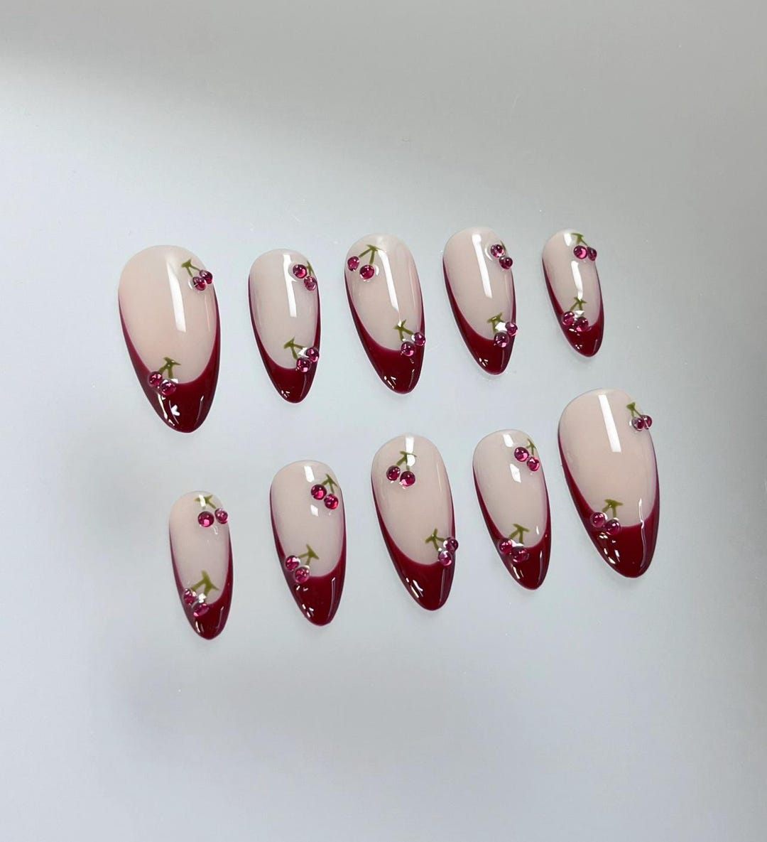 Red Cherry French Nails / Hand Painted Nail /custom Press on Nails ...