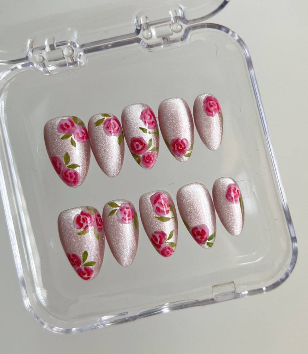Pink Cat Eye Rose Nails / Silver White Hand Painted Nail /custom Press ...