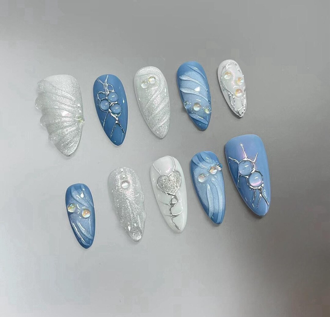 Silver Blue 3d Nails/ Custom Press on Nails/ Hand Made Press on Nails ...