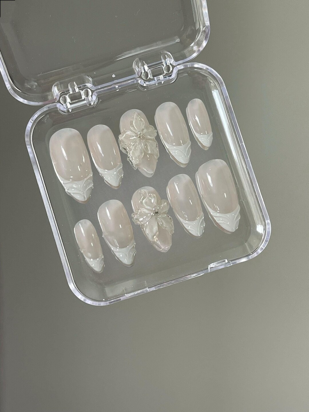3D Flower French Tip Press on Nails: Custom White Gel Nails - Etsy
