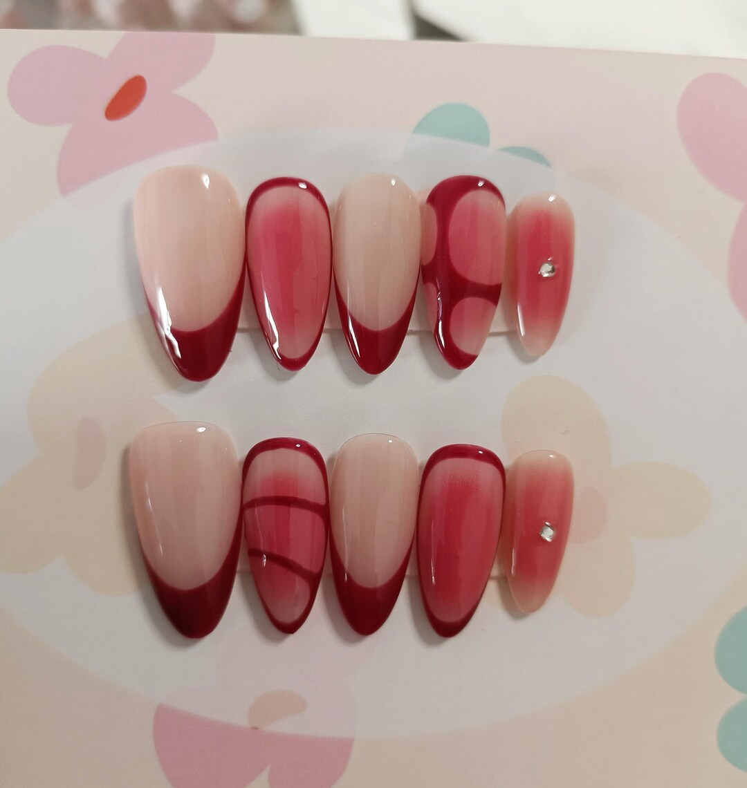 Red Abstract French Tip Press on Nails: Handmade Faux Acrylic Gel Nails ...