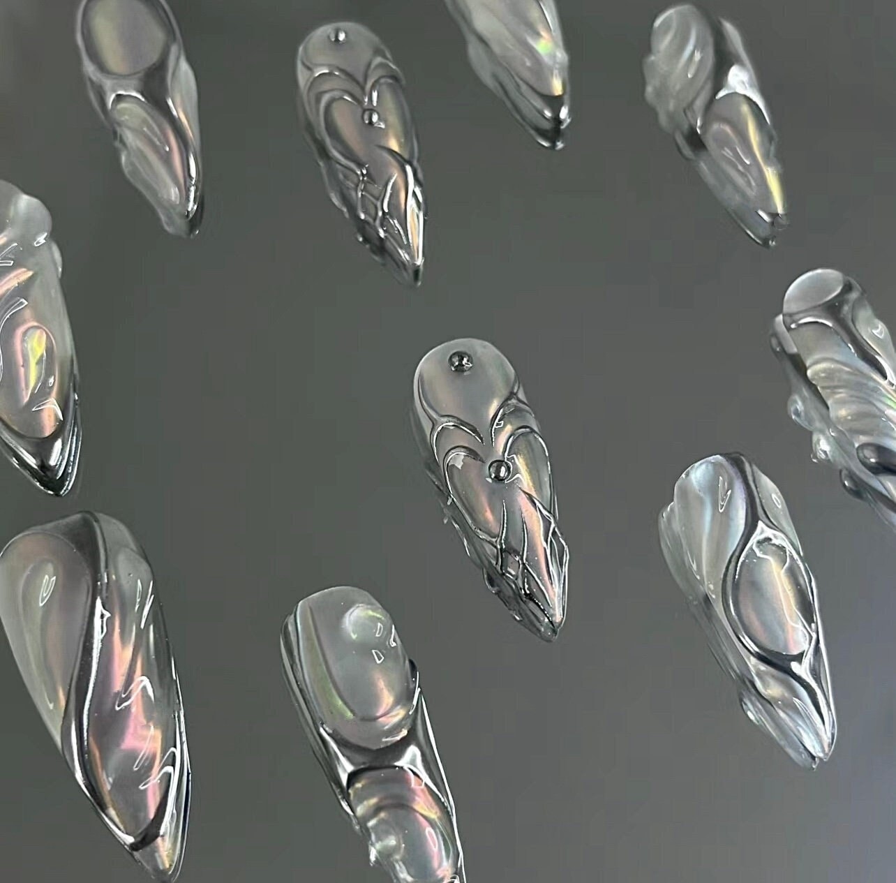 Silver Chrome Y2k Aespa Nails / Hand Painted Nail /custom Press on ...