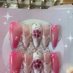 3d Pink Flora French Nails / Silver White Hand Painted Nail /custom ...