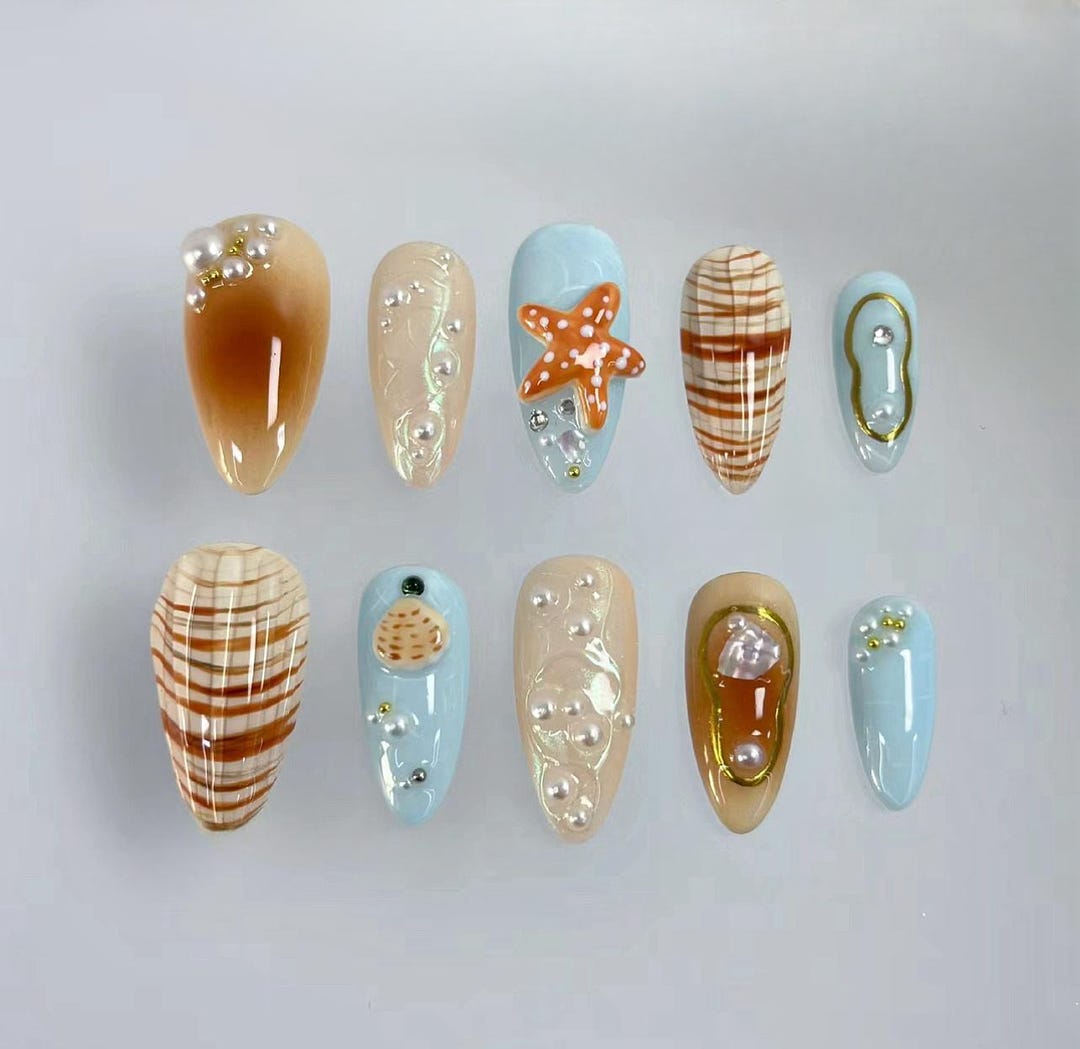 3d Sea Star Seashell Nails/ Custom Press on Nails/ Hand Made Press on ...