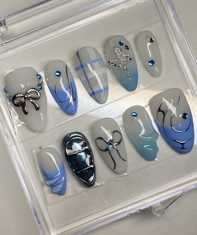 Blue Bowknot Y2k Nails / Hand Painted Nail /custom Press on Nails/ Hand ...
