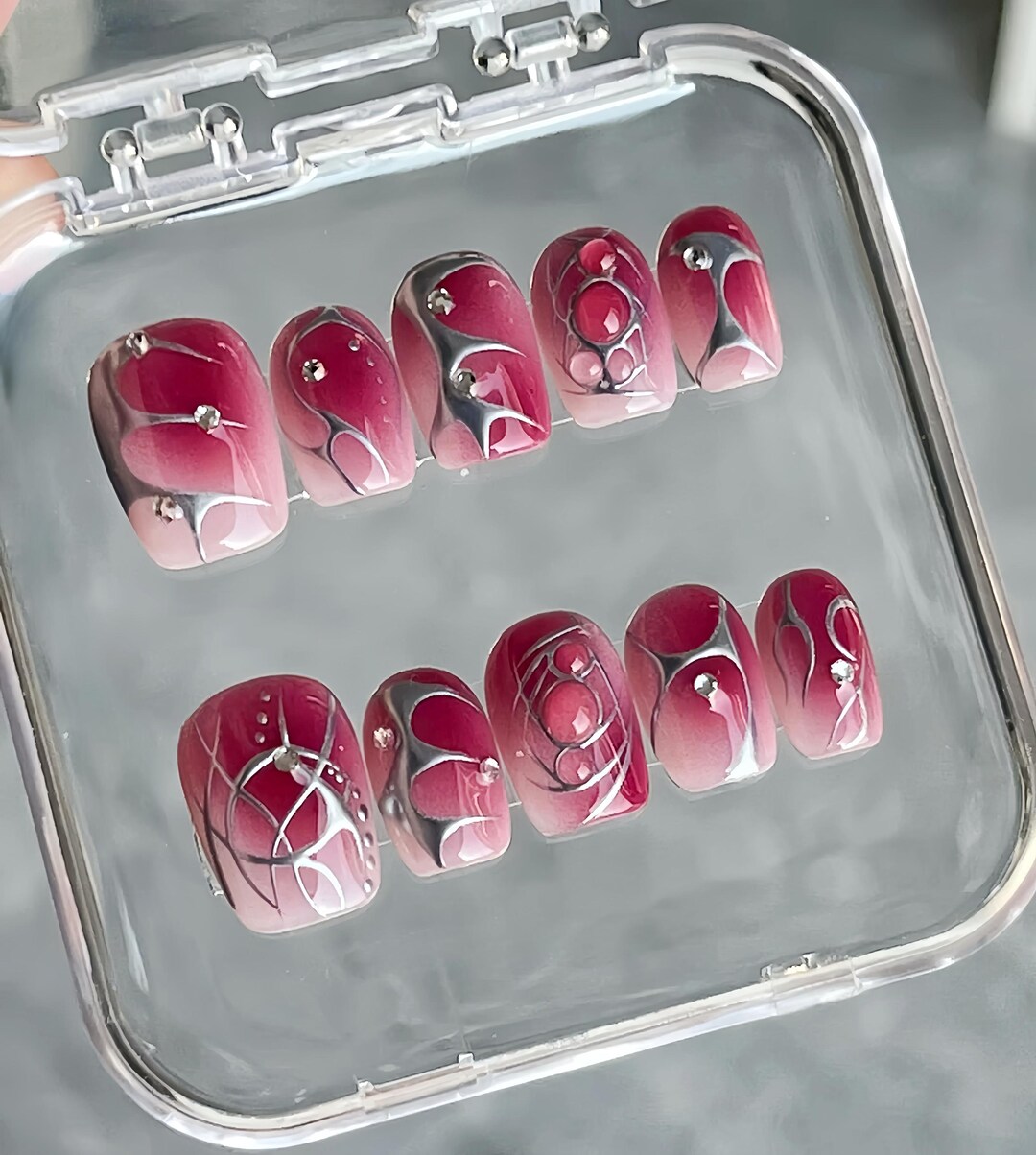 Silver Chrome Y2K Press on Nails: Pink Ombre Faux Acrylics - Etsy