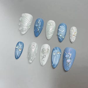 Silver Blue 3d Nails/ Custom Press on Nails/ Hand Made Press on Nails ...