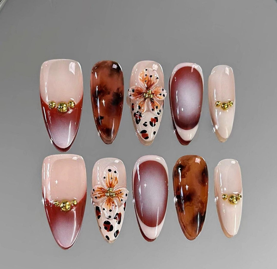 Gold Chrome Brown Tortoise Shell Nails / Hand Painted Nail /custom ...