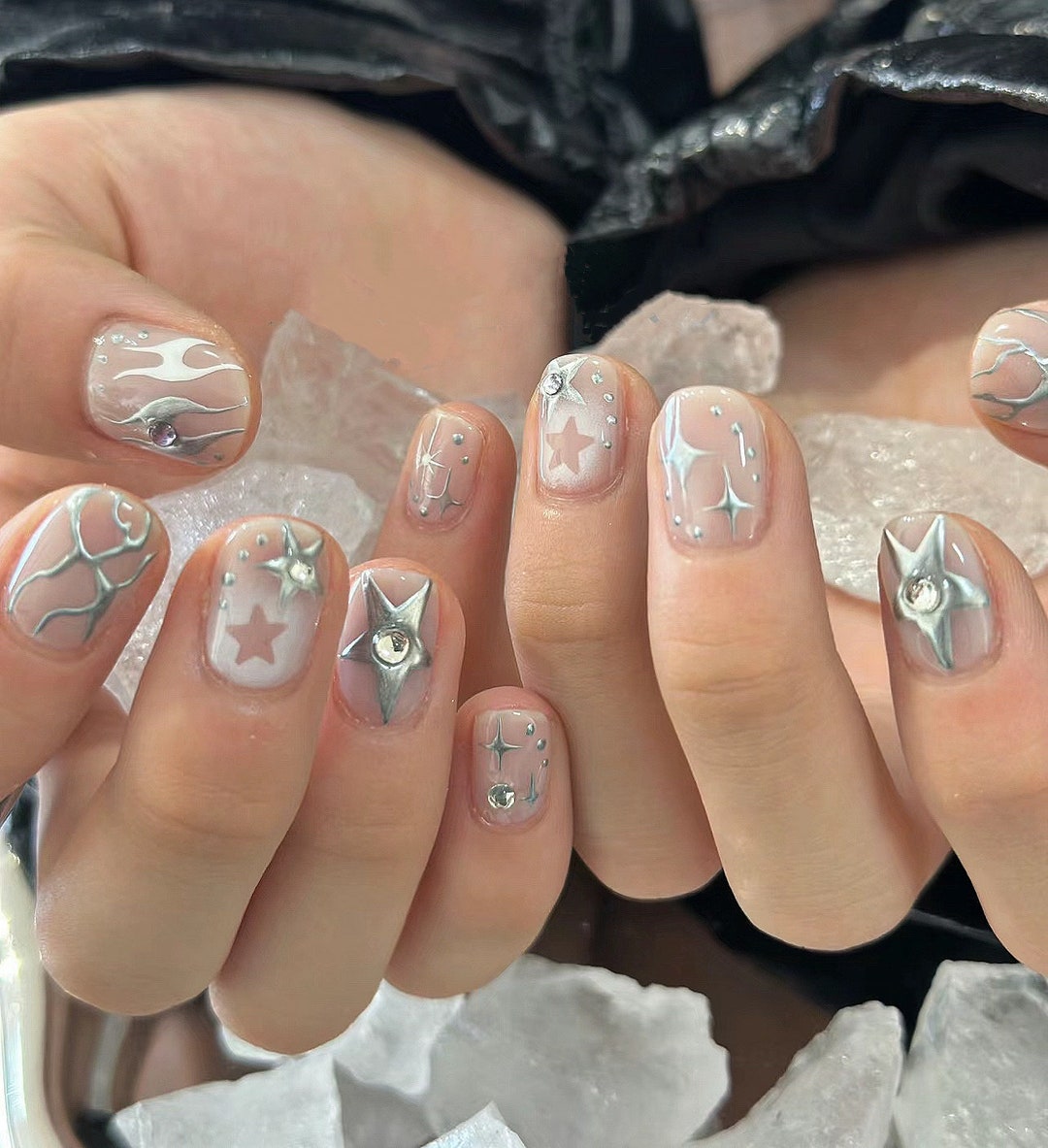 Silver Glitter Star Nails / Hand Painted Nail /custom Press on Nails ...