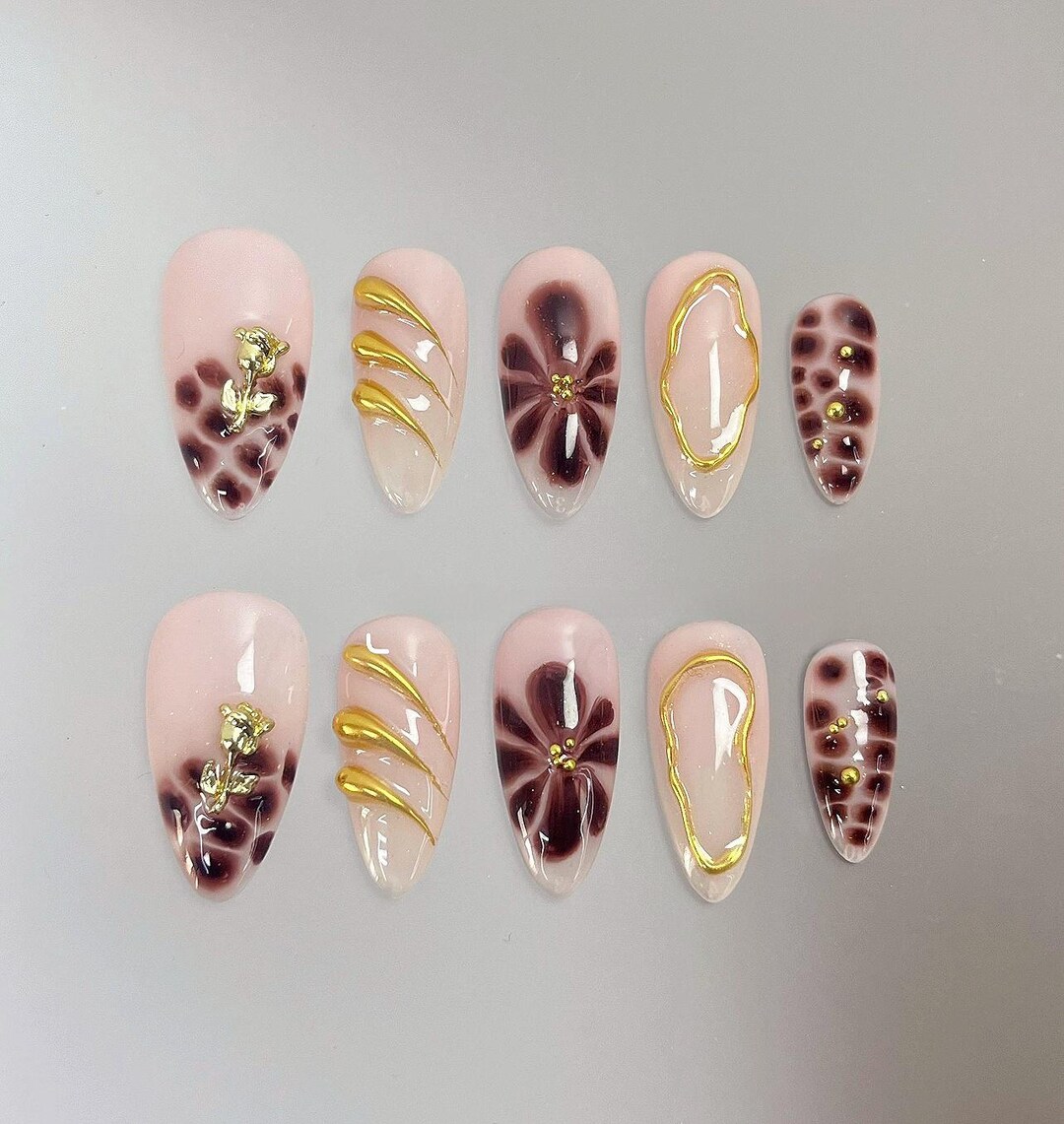 Gold Chrome Tortoise Shell Nails / Hand Painted Nail /custom Press on ...