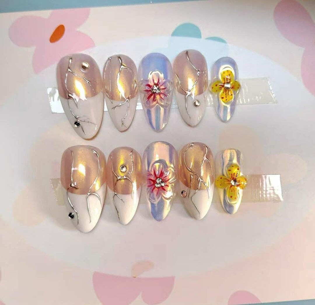 3D Flower Press on Nails: French Tip Faux Acrylic Gel Nails - Etsy