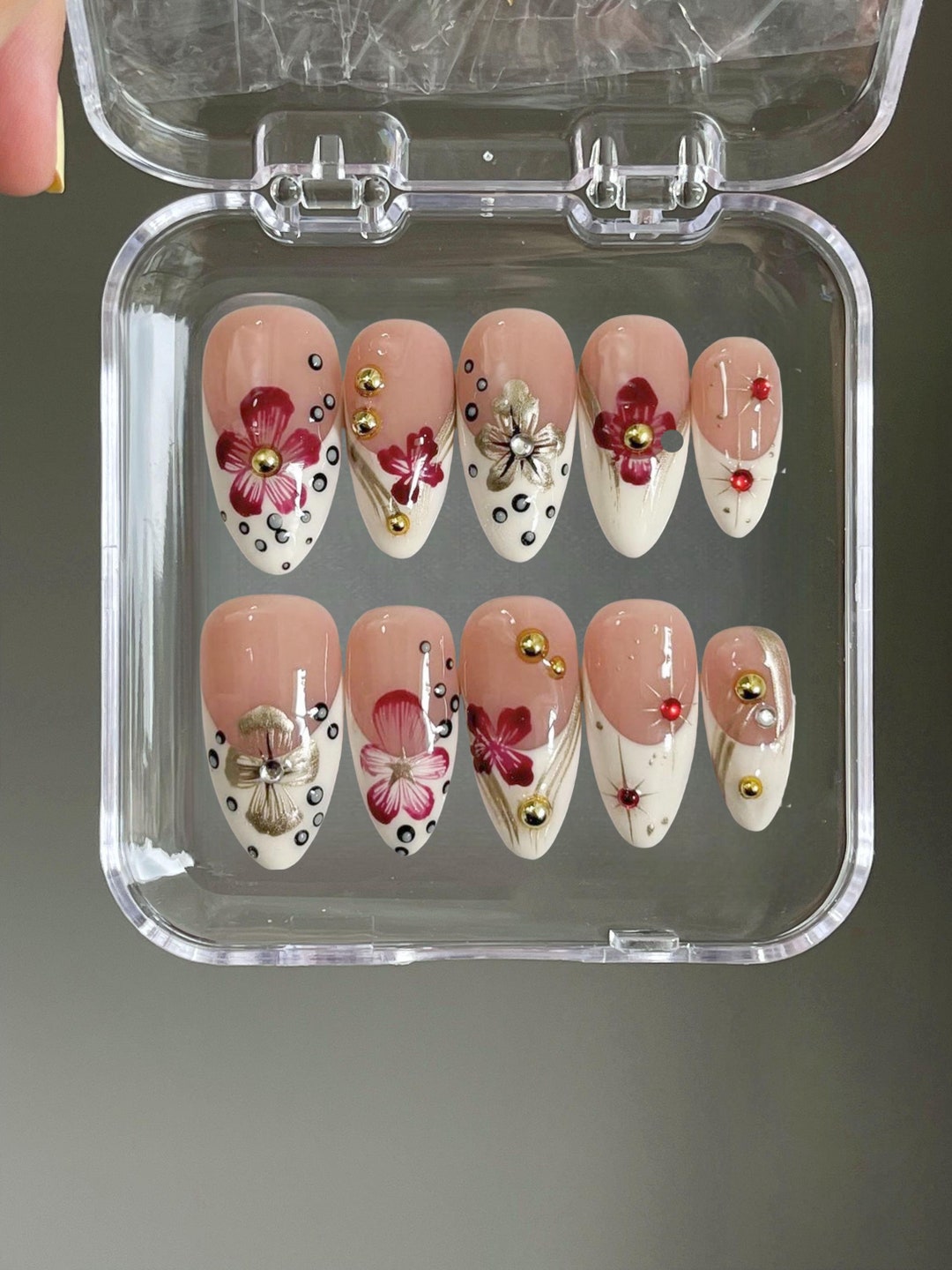 Golden Red Orchid Flower Nails/ Custom Press on Nails/ Hand Made Press ...