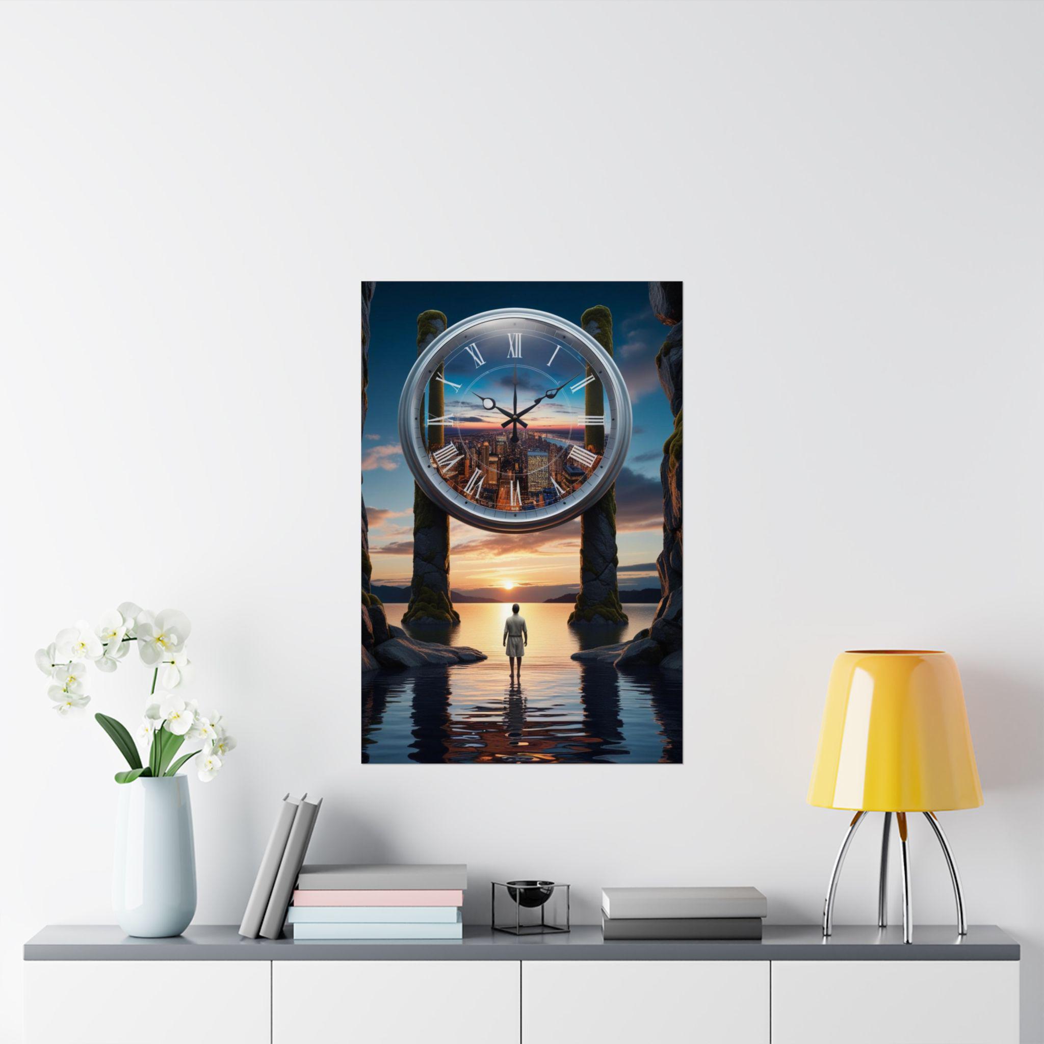 Vertical Posters, Surreal Giant Clock Cityscape Night Scene, Reflective ...