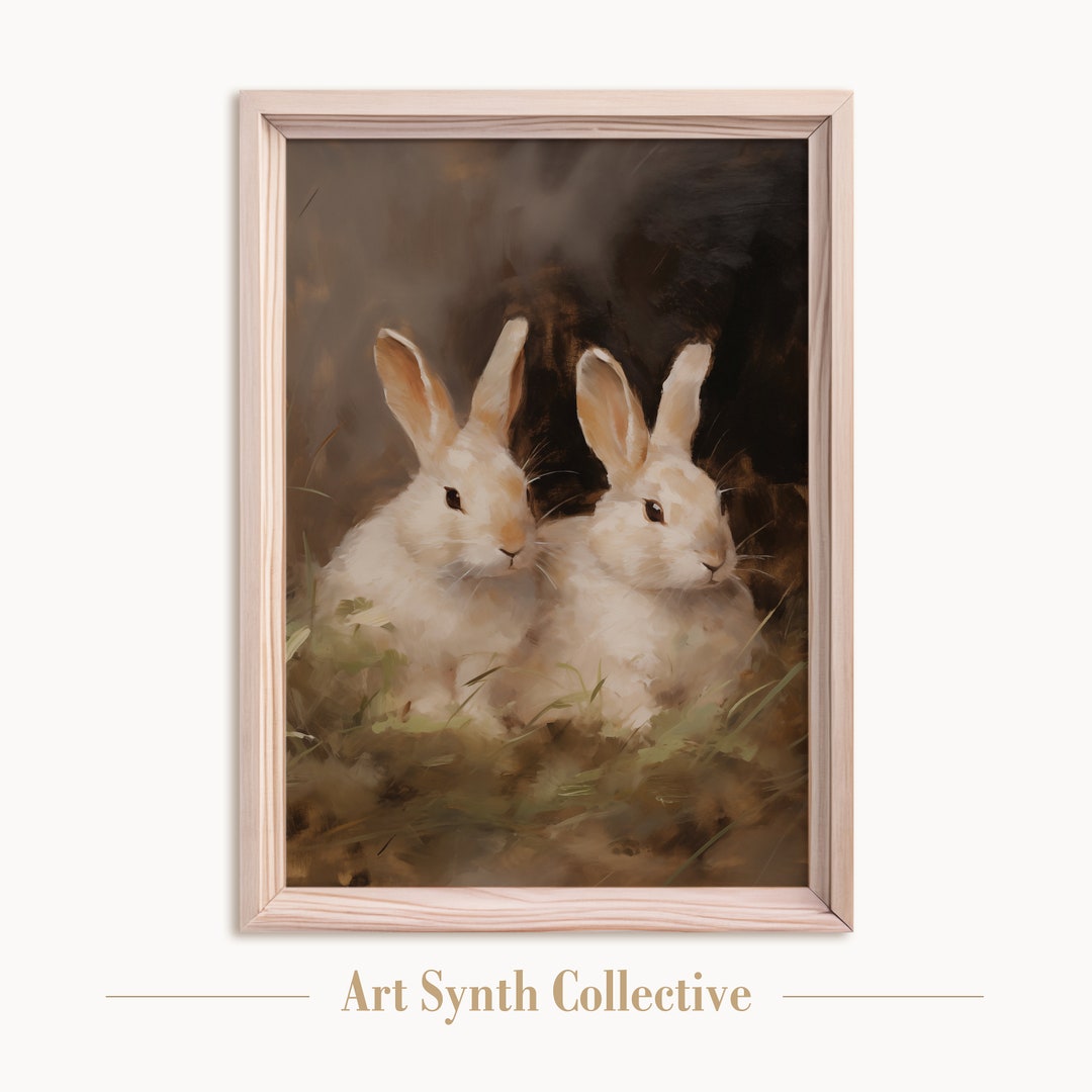 Vintage Oil Painting of Rabbits in a Field, Antique Moody Animal ...