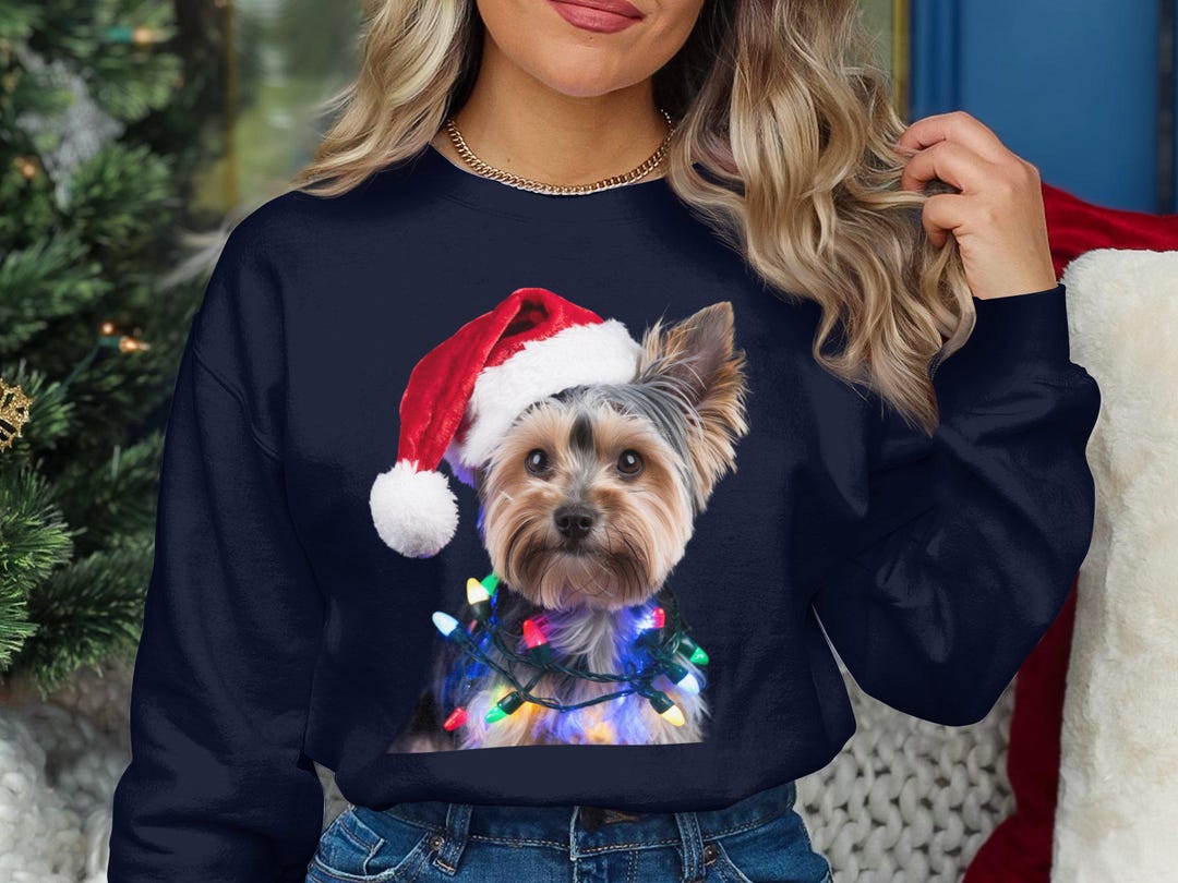 Yorkie Christmas Dog, Yorkie Santa Hat Festive Lights, Yorkie Shirt ...