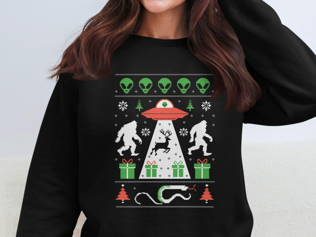 Bigfoot and Aliens Ugly Christmas Sweatshirt, Ugly Pixel Christmas ...