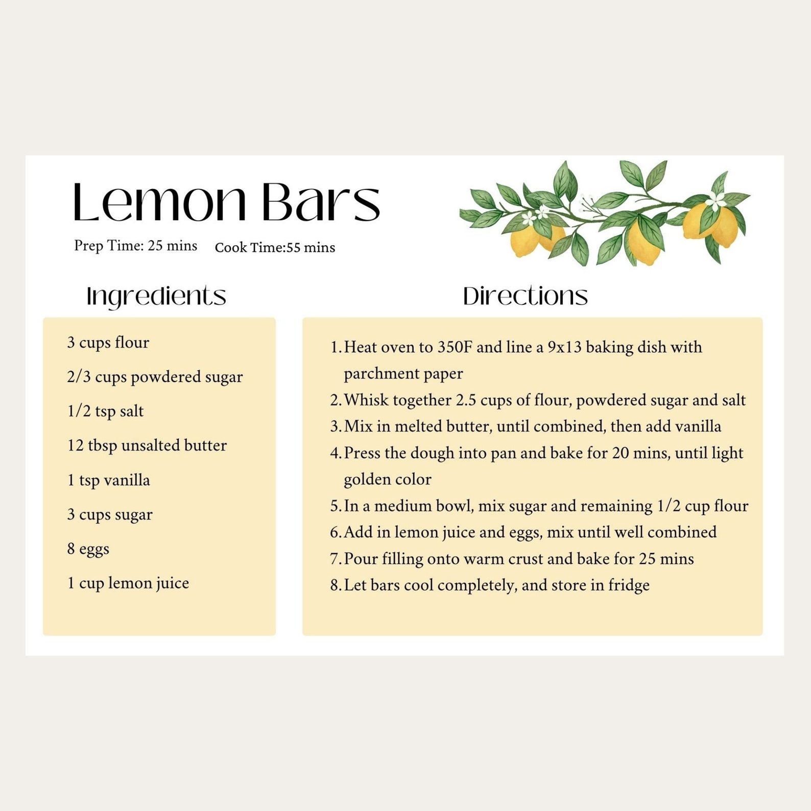 Editable Recipe Card Template lemon Theme for Print or Digital Use ...