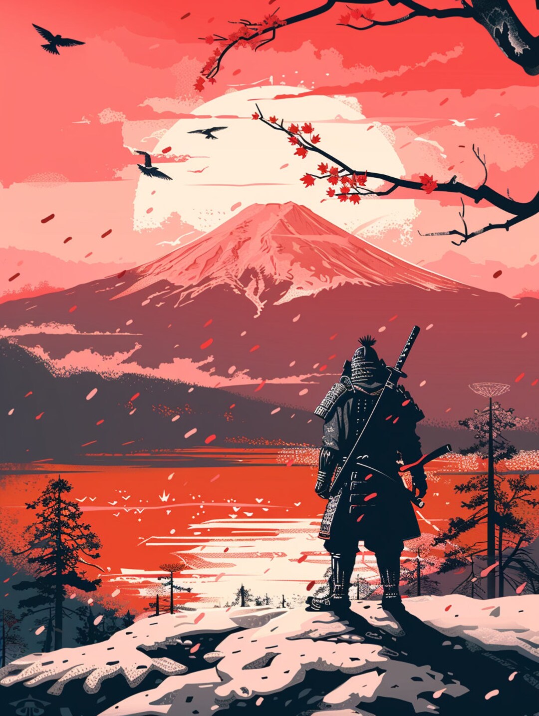 Portrait of A Samurai With Mount Fuji in the Horizon at Sunset Ukiyo-e ...