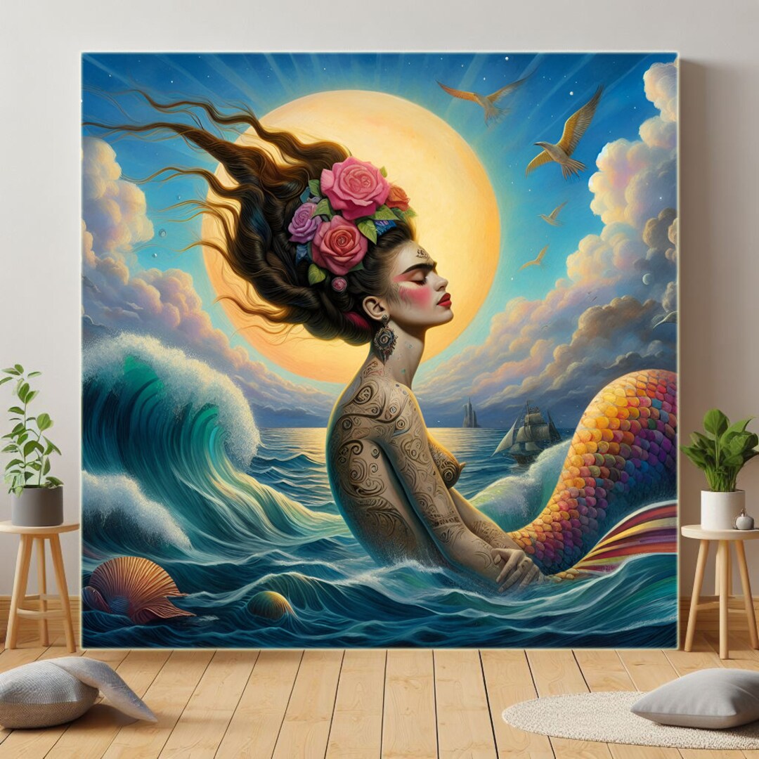 Full Moon Mermaid Art, Mystical Mermaid Decor, Frida Kahlo Mermaid Art ...