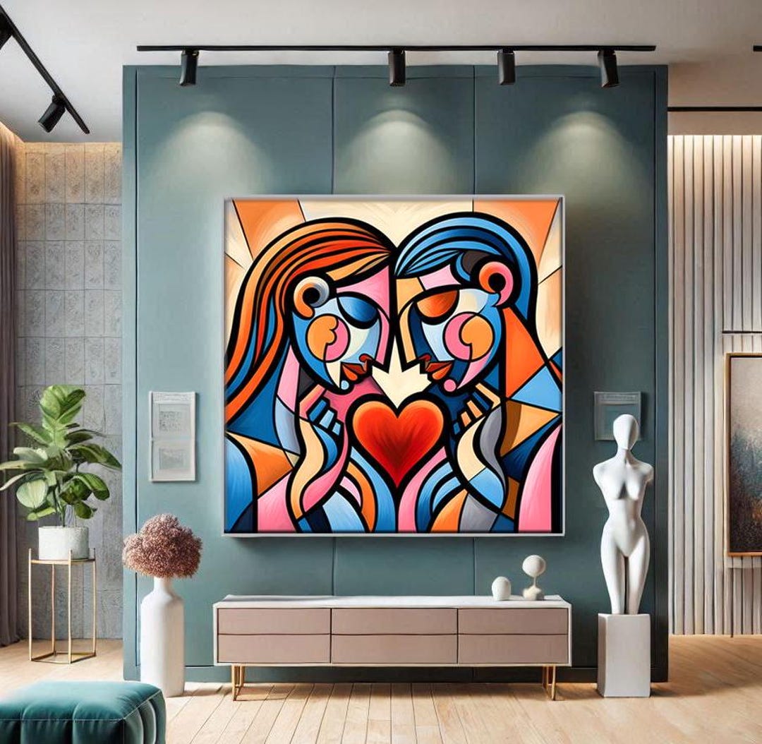 Colorful Kisses: Modern Cubism Art for Romantic Home Decor, Embracing ...