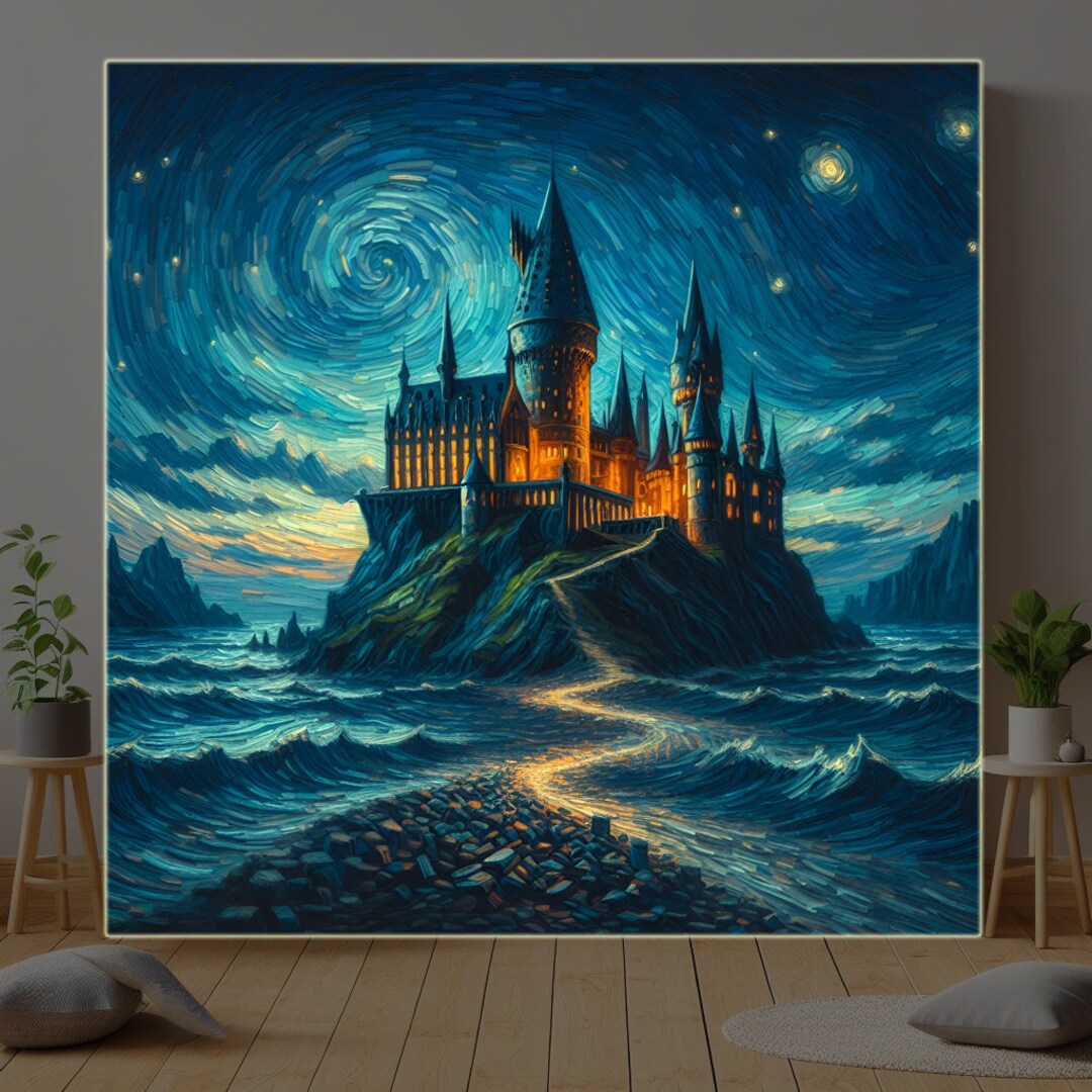 Magic Wizard School Castle Van Gogh Starry Night Digital Oil Painting ...