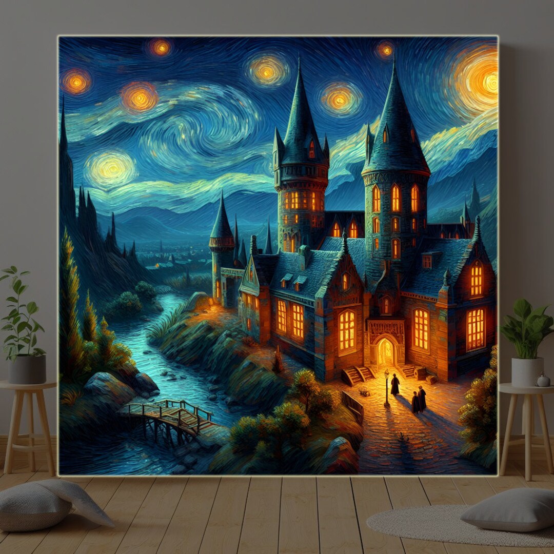 Magic Wizard School Castle Van Gogh Starry Night Digital Oil Painting ...