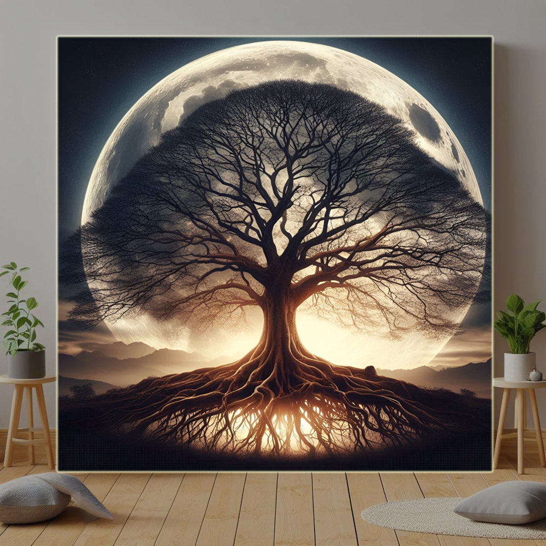 Full Moon and Tree of Life Canvas, Abstract Wall Art, Soft Watercolor ...