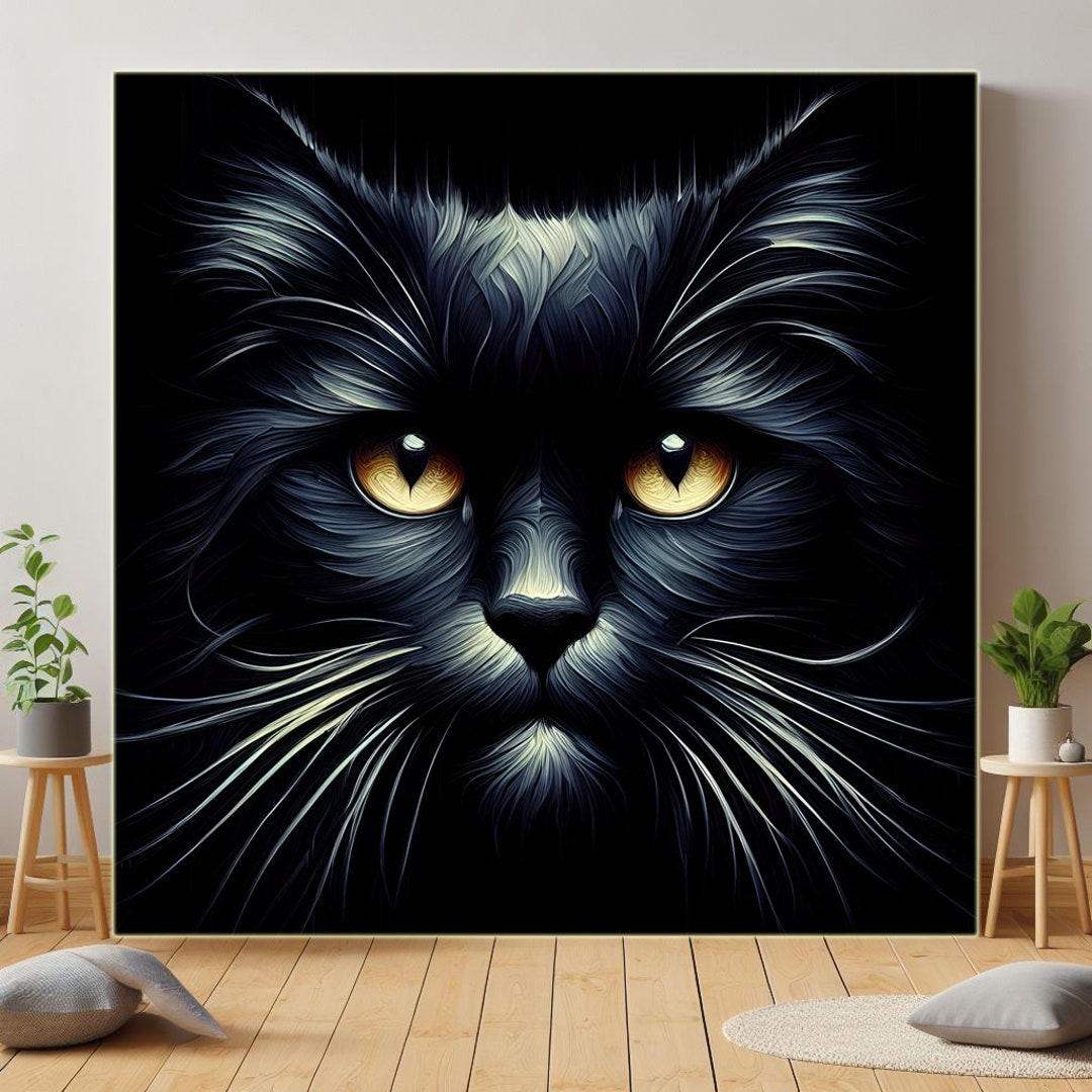 Cat Face Poster, Black Cat Face Painting on Canvas, Cat Portrait, Cute ...