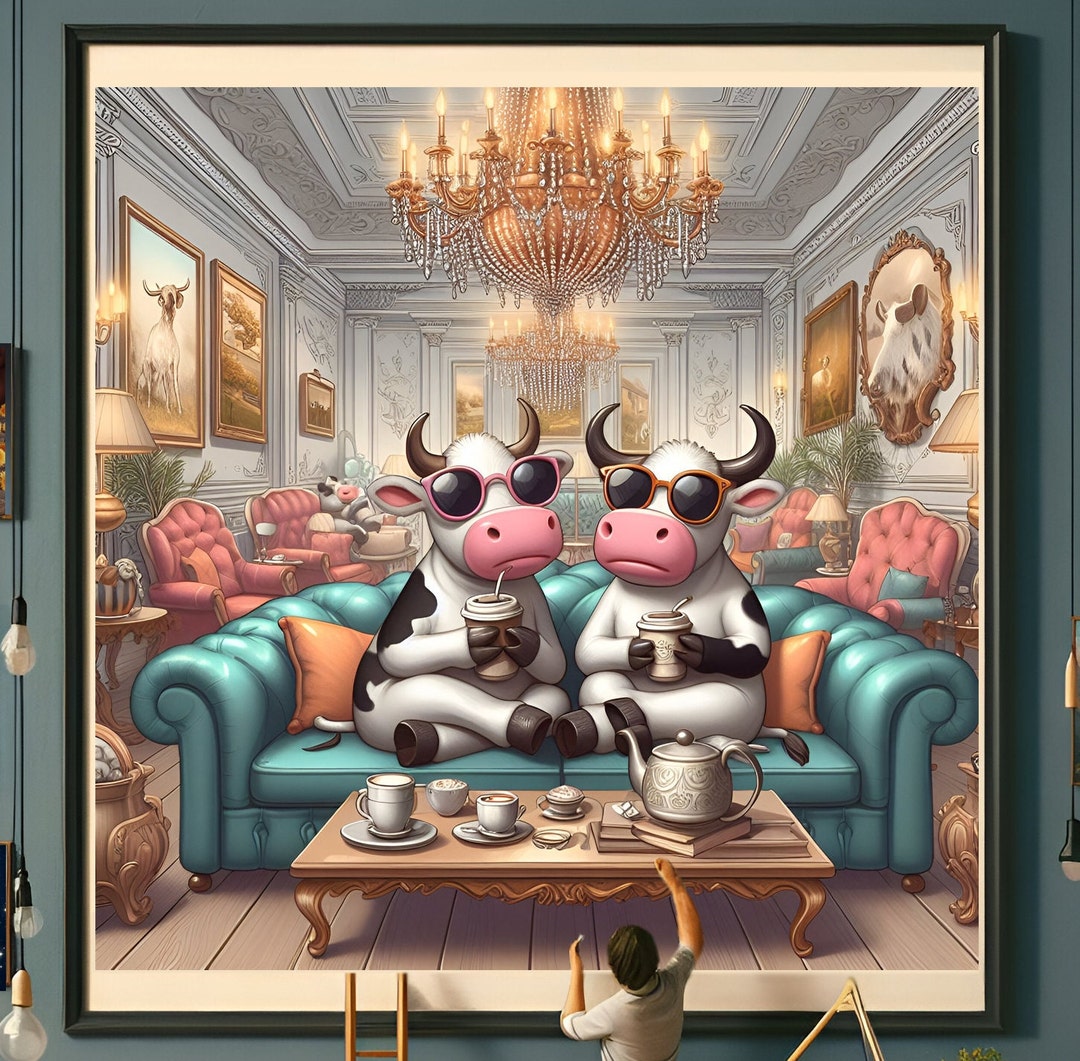 Cool Cows Drinking Coffee Canvas, Coffee Wall Art,modern Kitchen Wall Decor,coffee Cup Canvas ...