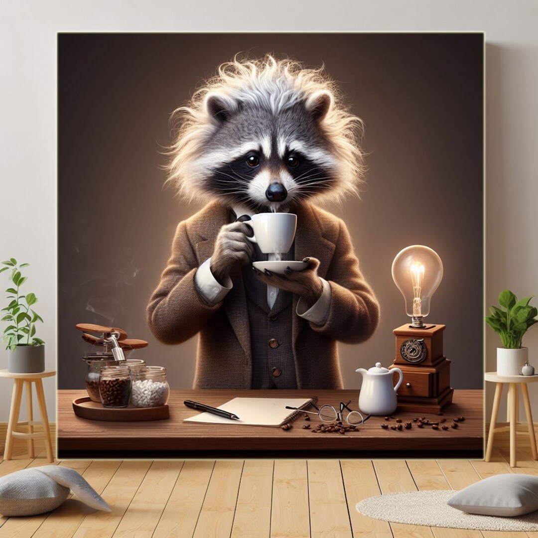Raccoon Einstein Drinking Coffee Canvas, Coffee Shop Decor, Modern Home ...