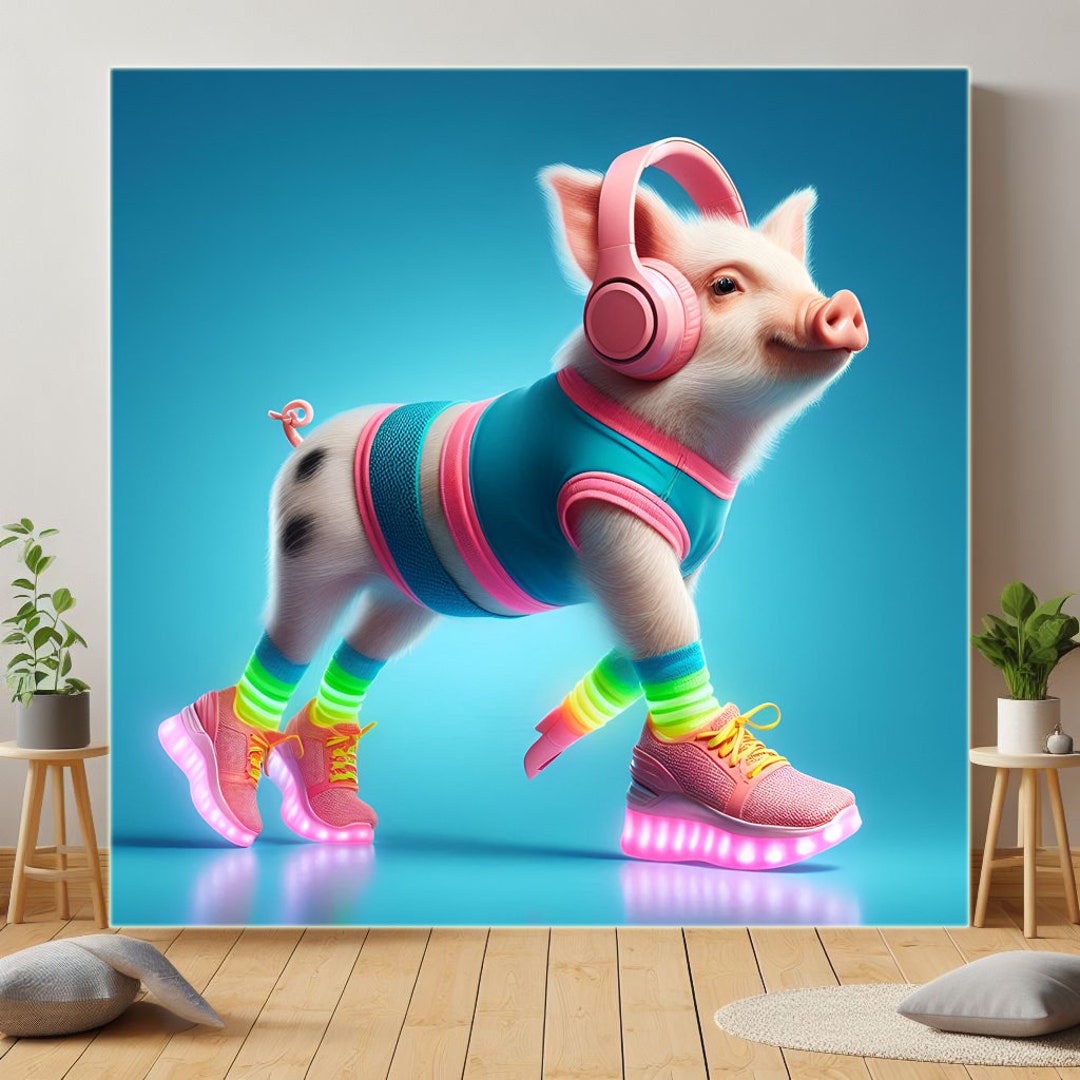 Sporty Dressed Pig With Neon Lights Canvas, Animal Cute Piglet Art ...