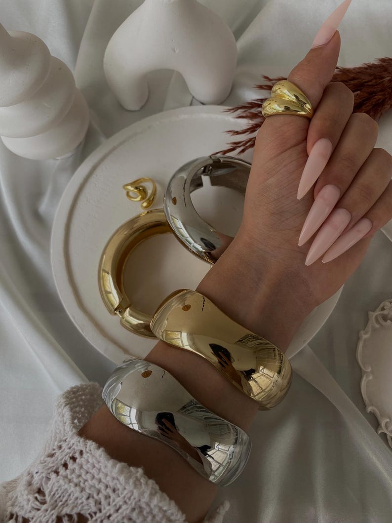 Gold Silver Plated Wide Bone Cuff Bangle, Chunky Gold Big Cuff Bracelet ...