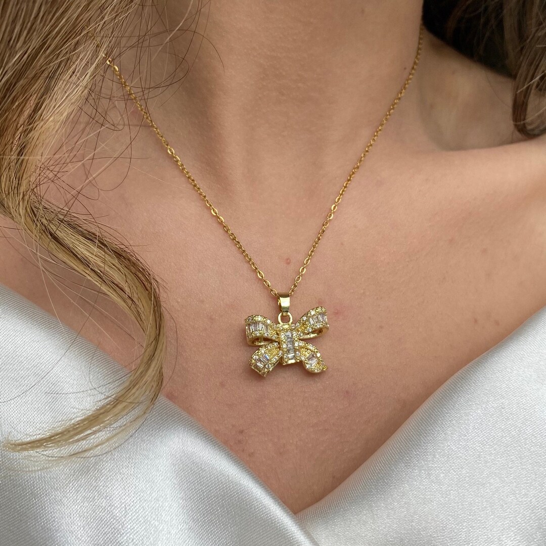 Gold Coquette Aesthetic Bow Vintage Necklace, Bridesmaid Soft Girl ...